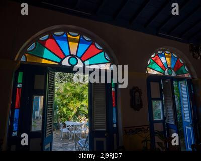 Cuba, Remedios, stained glass window in Casa Particular, Spanish ...