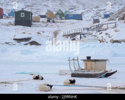 Settlement Ikerasak near Uummannaq during winter in northern ...