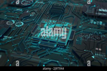 Motherboard, processor, CPU, quantum computer 3D illustration. High tech and cyber technology in ...