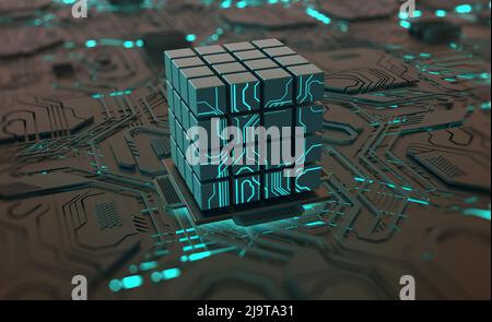 Cybercube 3D illustration. Futuristic computer board. Digital circuit ...