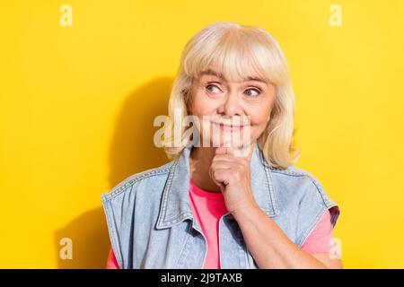 Photo of dreamy funny lady dressed beige pullover glasses leaf cheek ...