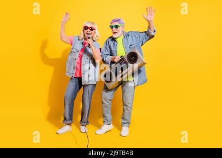 Photo of excited boyfriend girlfriend pensioner dressed denim outfit ...