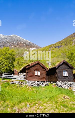 Preserved timber farm cabins with grass roofs at Breng Seter, on the ...