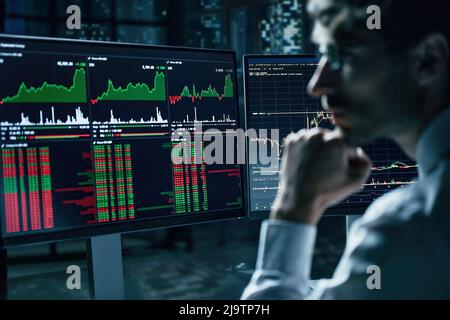 monitors with Charts of stocks, commodities and stock markets on the ...