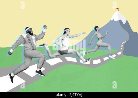 Composite collage of black white effect person pull rope big arrow down ...