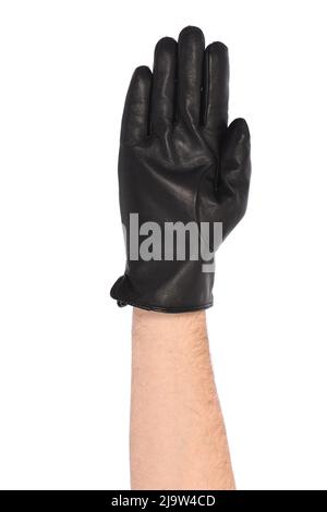Man wearing black leather glove on white background, closeup. Side view ...