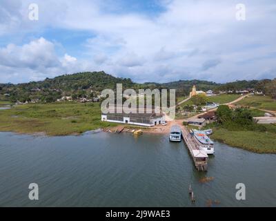 Drone aerial view of Fordlandia city skyline in Amazon rainforest ...