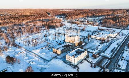 Electrical substation in snow winter. Aerial view Stock Photo - Alamy