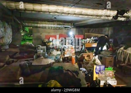 An interior view of an underground bunker of a school in southeastern ...
