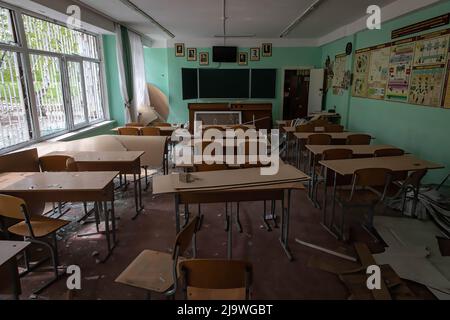 An interior view of an underground bunker of a school in southeastern ...