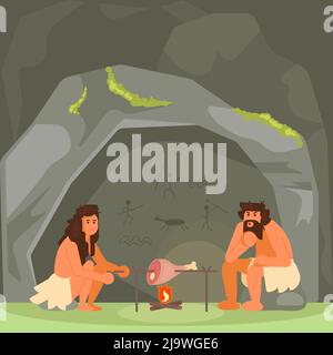 Primitive couple people get food vector illustration. Cartoon primeval ...