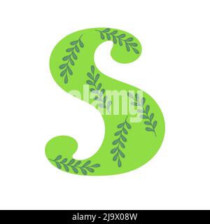 Capital bright green decorated with spring flowers hand drawn letter O ...