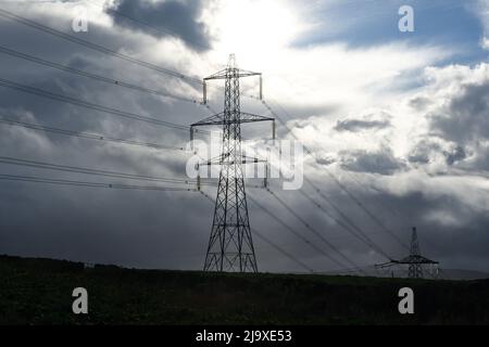 Electricity pylons on the moors above Stocksbridge near Sheffield ...