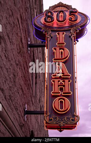 Neon Idaho sign in Downtown Boise, Idaho. Located on Idaho Street at ...