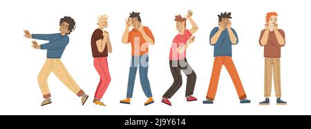 Men characters scared, afraid, terrified. Vector flat illustration of diverse people in panic ...