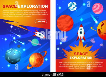 Space ship cartoon banners with rockets flying in cosmos with alien ...