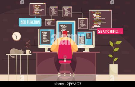 Programmer work background with working day symbols flat vector ...