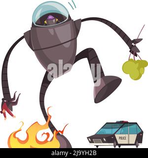 Evil alien in robot machine attacking people and city cartoon vector ...