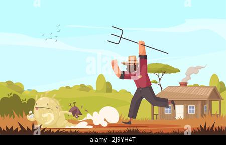 Alien ufo composition with outdoor farm scenery and doodle characters ...