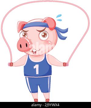 Cute cartoon pig jumping with skipping rope. Vector fitness ...