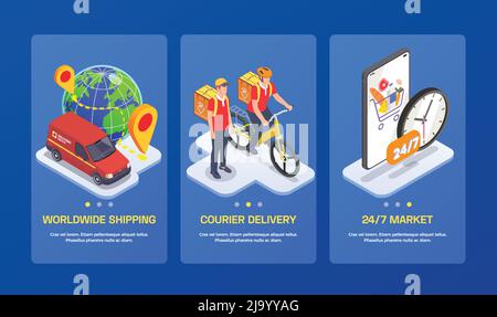 Three vertical customer service isometric banner set with customer ...