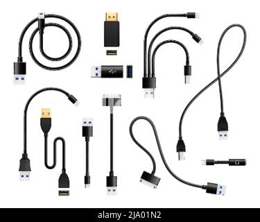 Set of realistic cable connectors types with isolated images of various ...