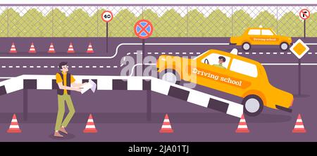 Driving school poster with theory study symbols flat vector ...