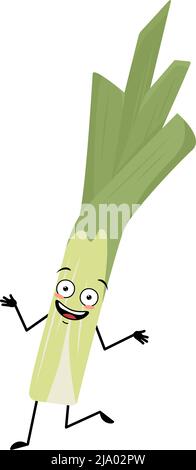 Cute green leek character with joyful emotions, happy face, smile eyes ...