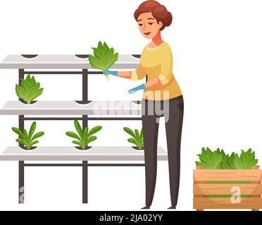 Greenhouse vertical farming hydroponics aeroponics cartoon composition ...