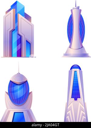 Futuristic cityscape with glass buildings, unusual bridge and road ...