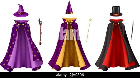 Magician clothes realistic set with isolated images of gowns with hats ...