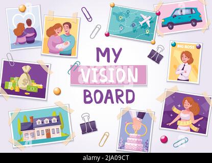 Vision board cartoon poster with travel and family symbols vector ...