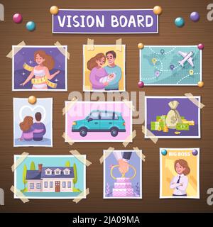 Vision board cartoon background with wealth and family symbols vector ...