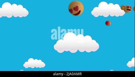 Image of emoticons floating over blue sky with clouds Stock Photo - Alamy