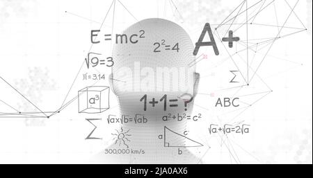 Image of digital head and mathematical equations on white background ...