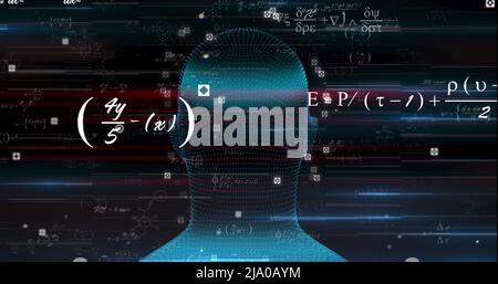 Image of digital head and mathematical equations on black background ...