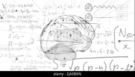 Image of digital brain and mathematical equations on white background ...