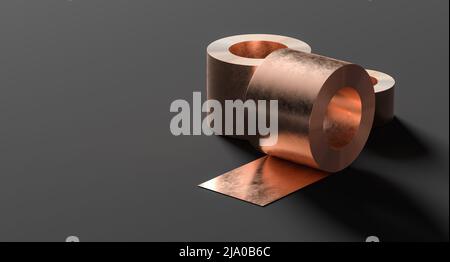 Rolled copper sheet isolated on dark background. Copper sheet is ...