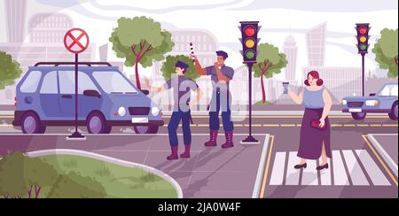 Traffic police regulation background with crossroad and pedestrians ...