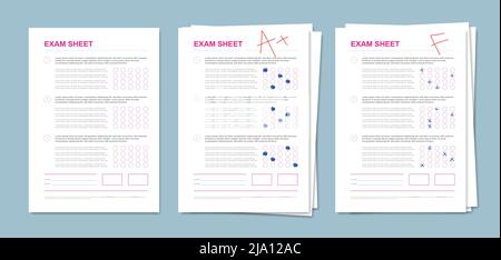 Realistic test paper answers set with red colored sheets of solved exam ...