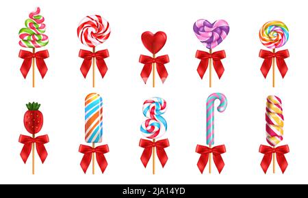 Lollipop with red bow realistic set of different forms and colors sweet ...