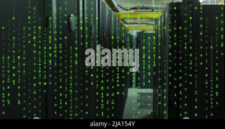 Image of green numbers falling over servers Stock Photo - Alamy