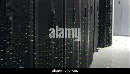 Image of green numbers falling over servers Stock Photo - Alamy