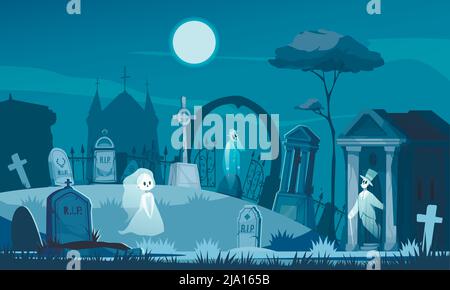 Haunted cemetery with old graves crosses crypt on background with night ...