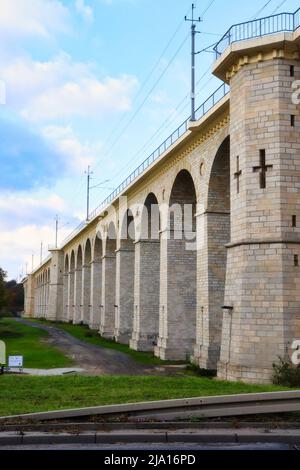Rail viaduct, a bridge over the Bobr river in Boleslawiec, Poland on a ...