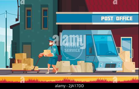 Mail service vehicle in front of post office entrance postman pulling ...