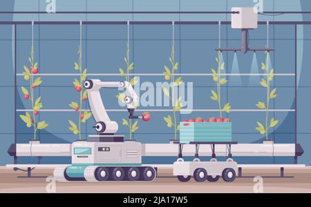 Smart farming cartoon composition with indoor scenery automated cart ...
