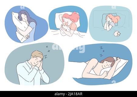 People sleeping poses. Woman man sleep position in bed, person posture ...