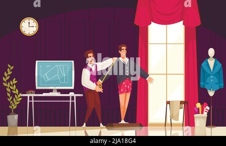 Male tailor taking measurements of smiling man for jacket in atelier ...