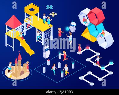 Modern futuristic playground isometric composition with neon ...